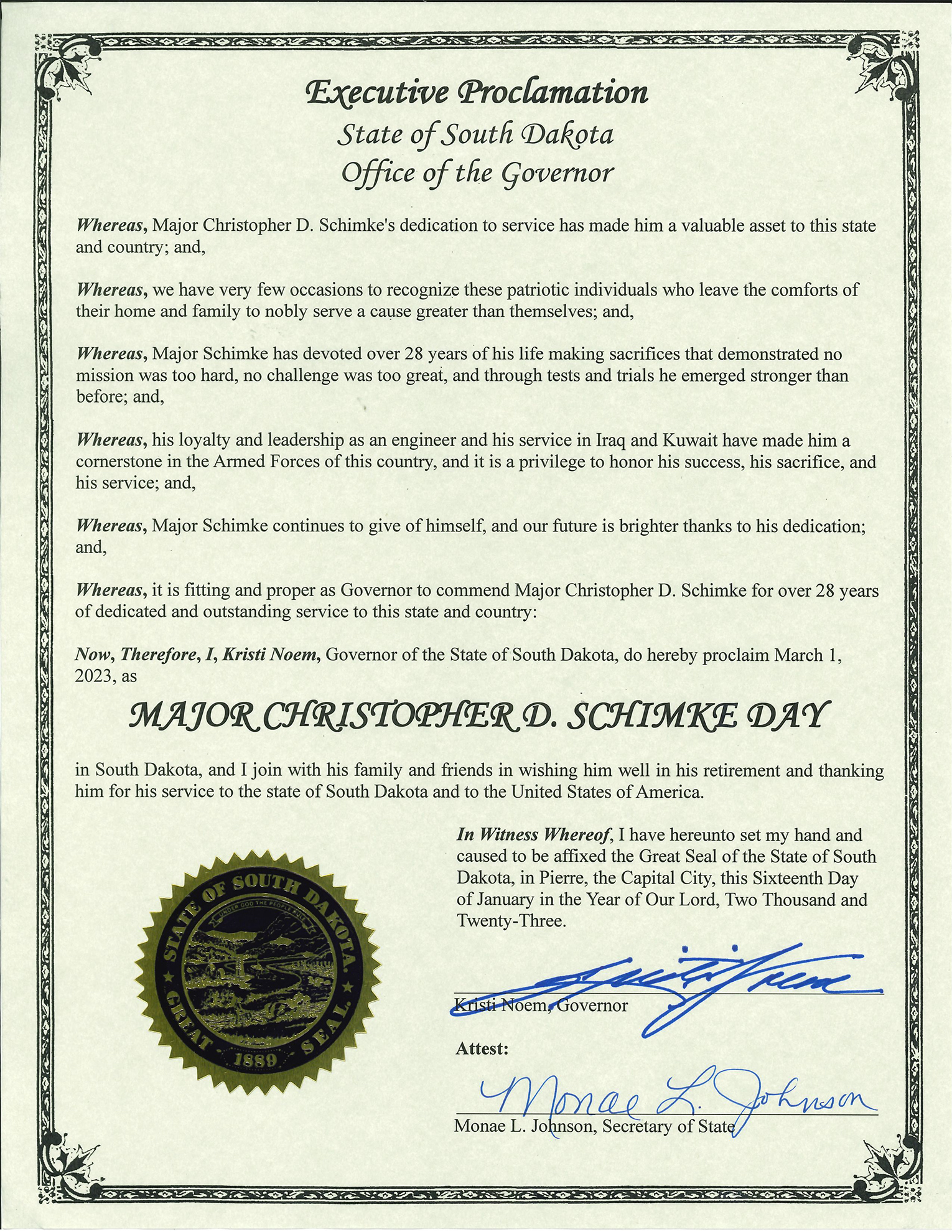 Governor Noem Issues Executive Order Proclaiming March 1, 2023 “Major ...